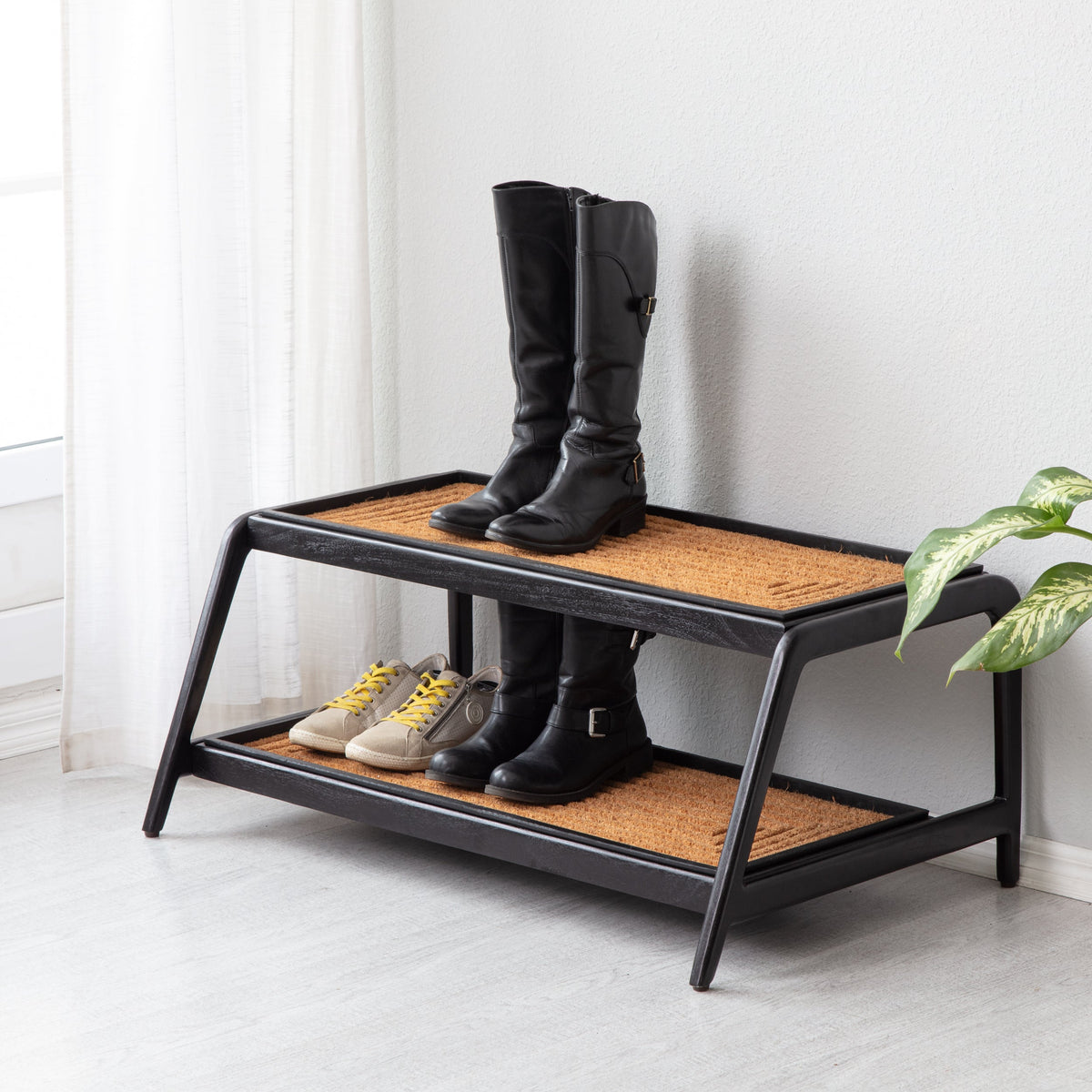 Anji Mountain Wooden Boot Tray Double Tier Rectangle Ripple Tan Coir