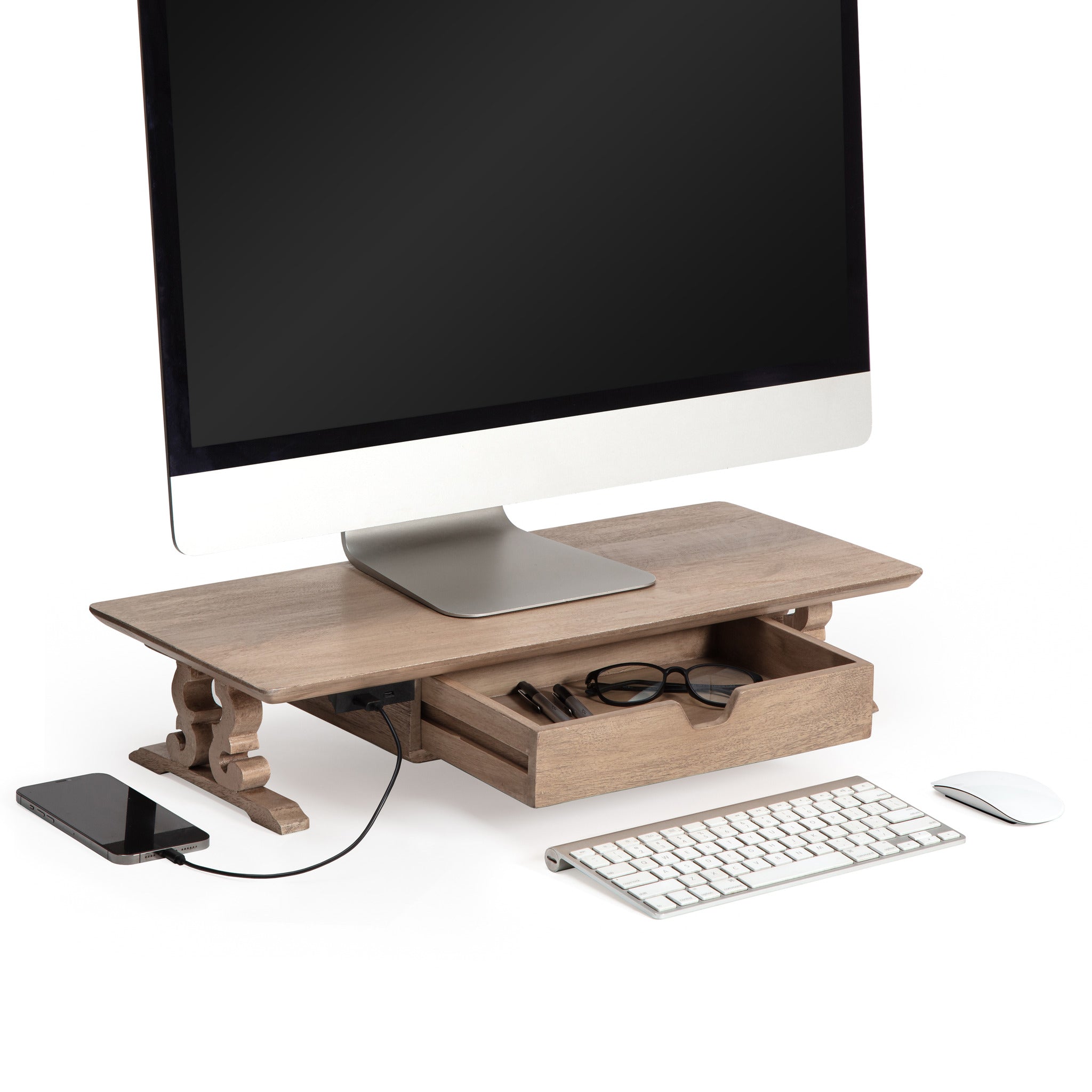 Hopper Biscotti Mango Wood Monitor Stand Scroll Legs Drawer USB Ports ...