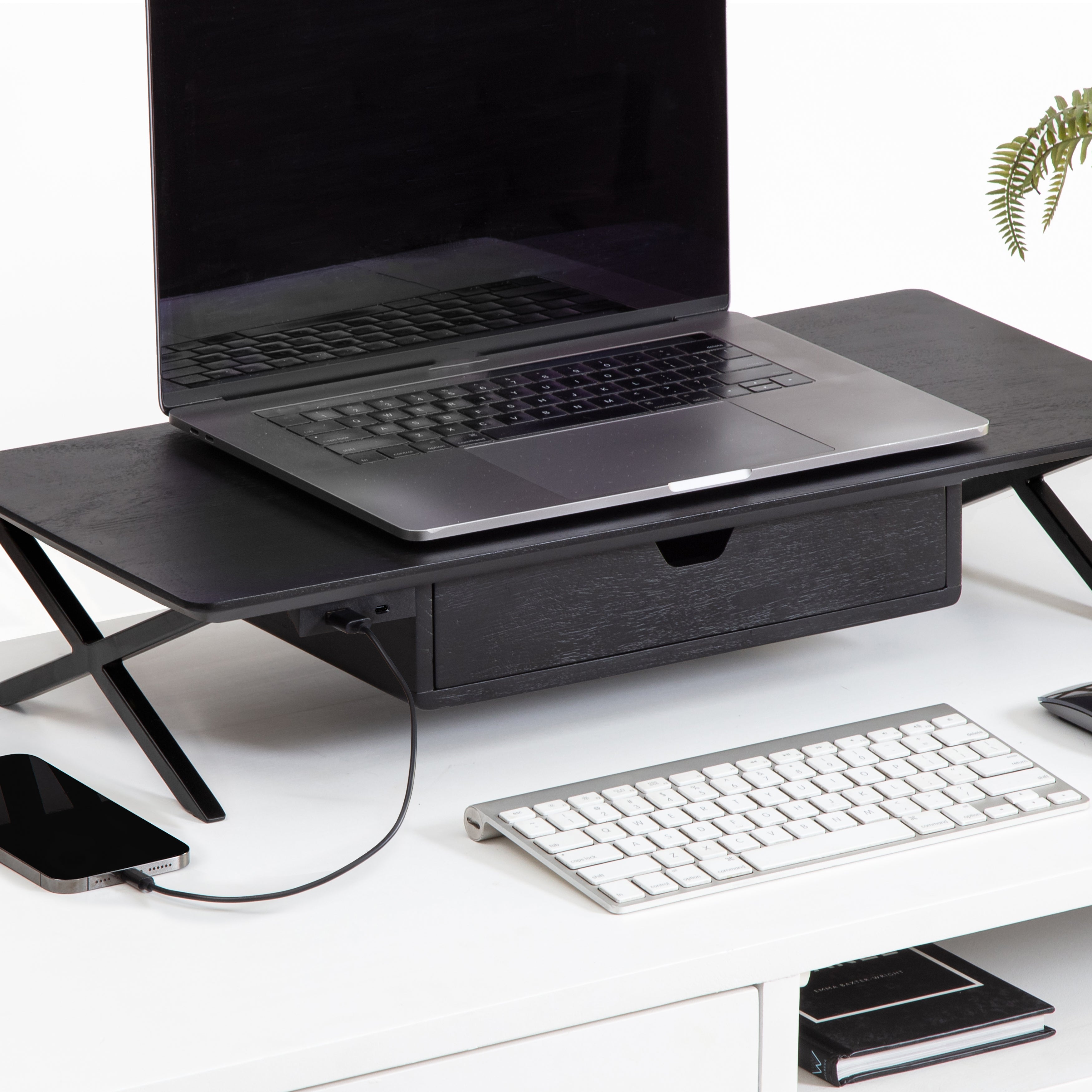 Klint Black Wooden Monitor Stand With Metal Legs Drawer USB Ports ...