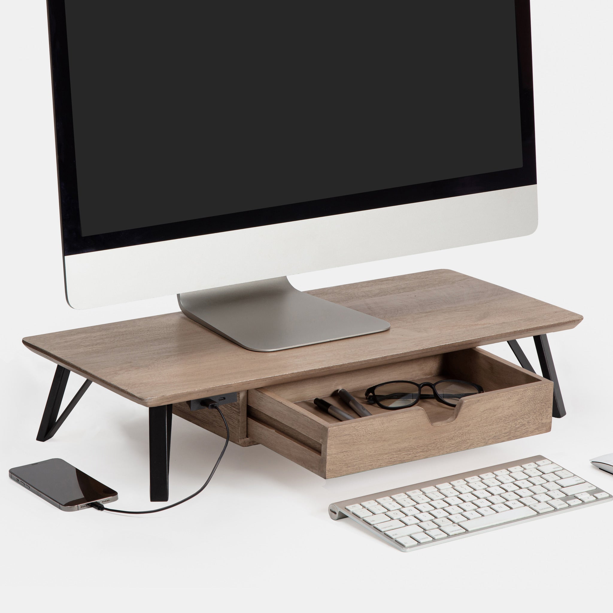 Tiepolo Biscotti Beige Wooden Monitor Stand Metal Legs Drawer USB Ports ...