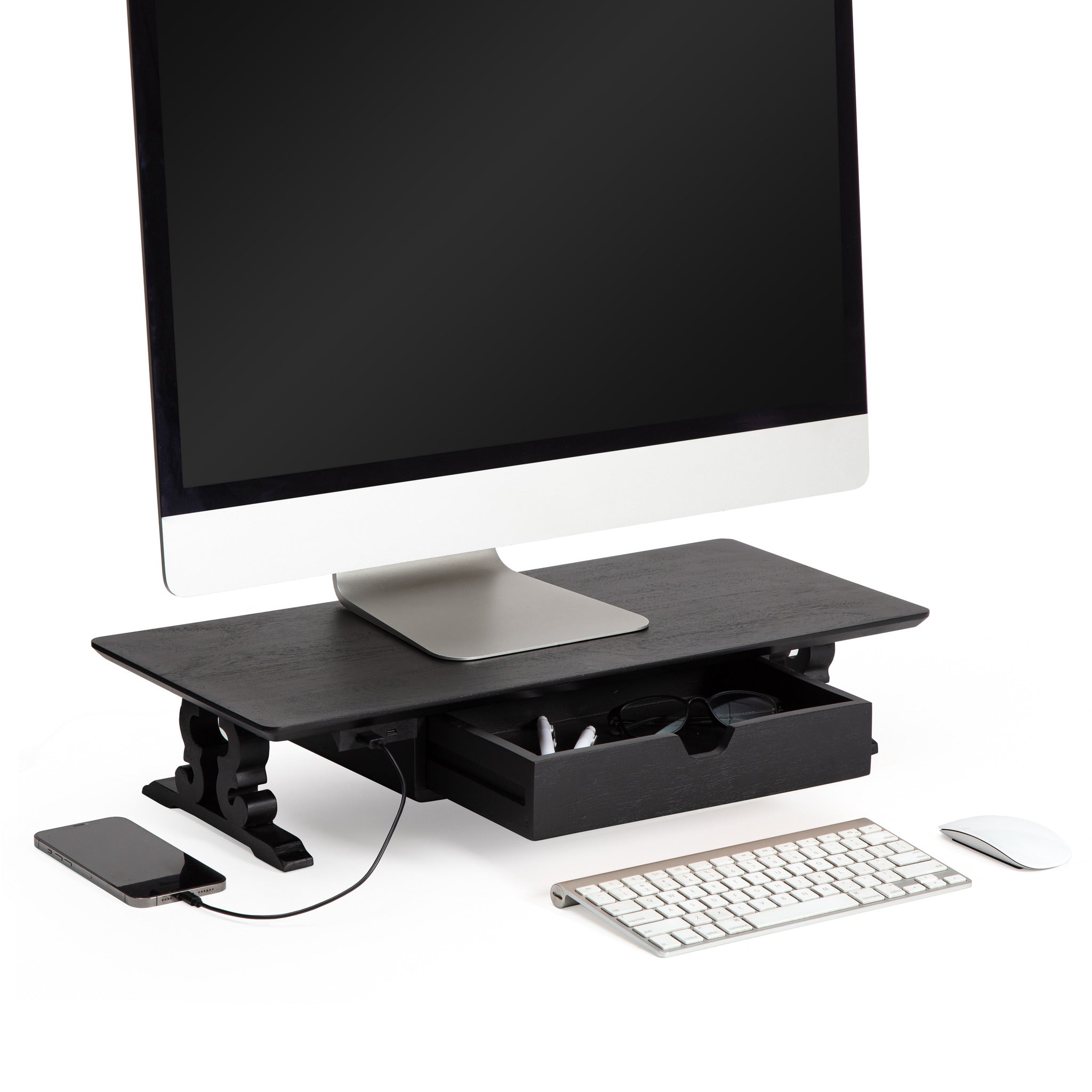 Courbet Black Acacia Wood Monitor Stand Scroll Legs Drawer USB Ports ...