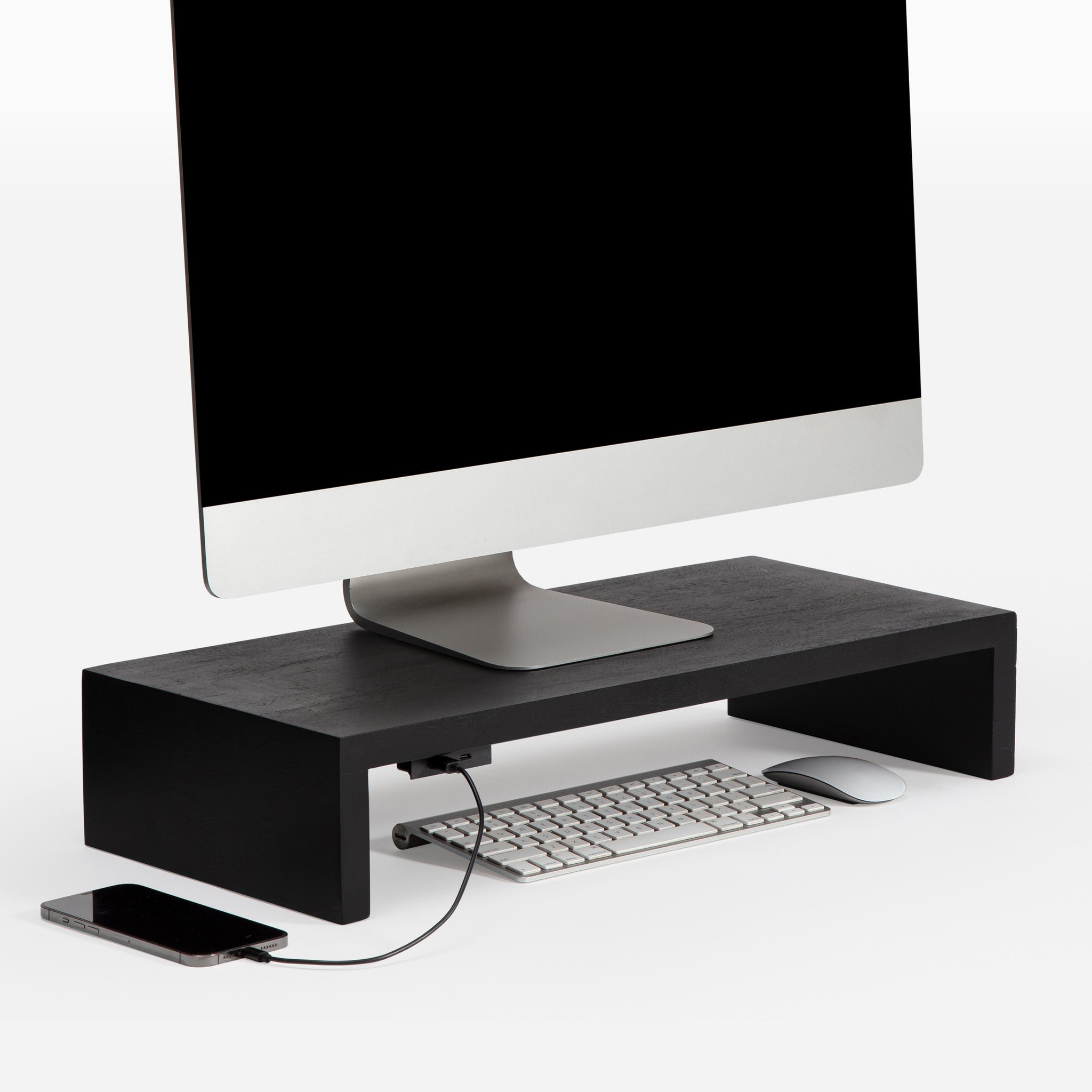 Mucha Black Acacia Wood Monitor Stand With Straight Legs And USB Ports ...