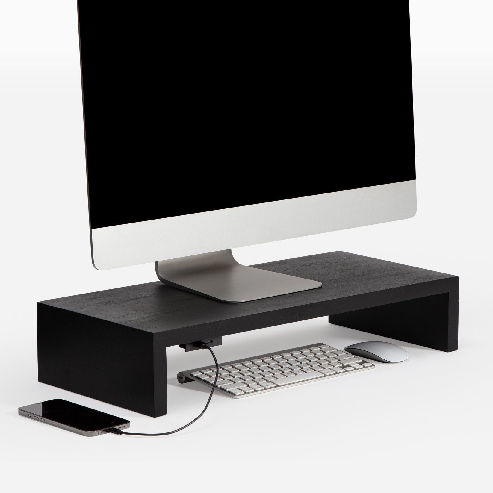 Mucha Black Acacia Wood Monitor Stand With Straight Legs And USB Ports ...
