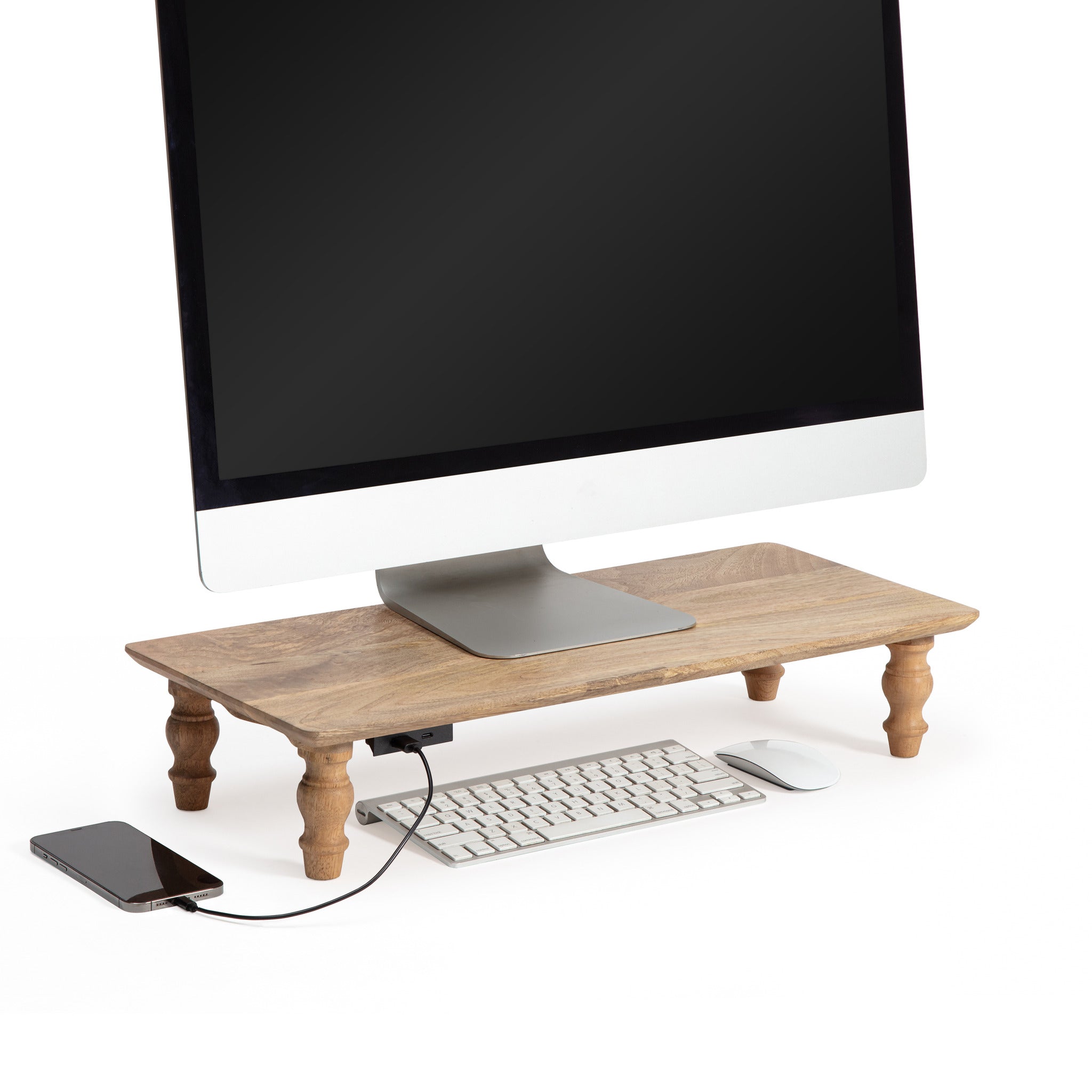 Raoux Natural Mango Wooden Monitor Stand French Scroll Legs USB Ports ...