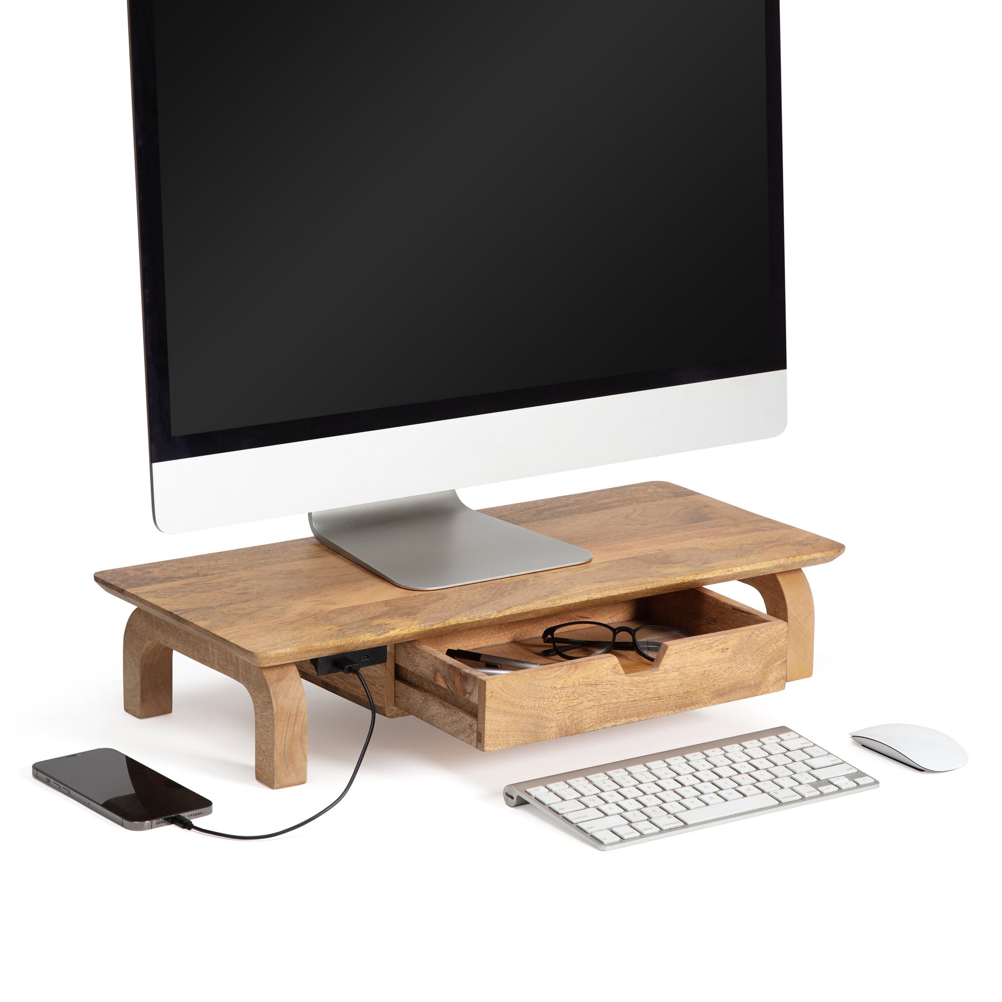 Arp Natural Mango Wood Monitor Stand Arched Legs Drawer USB Ports ...
