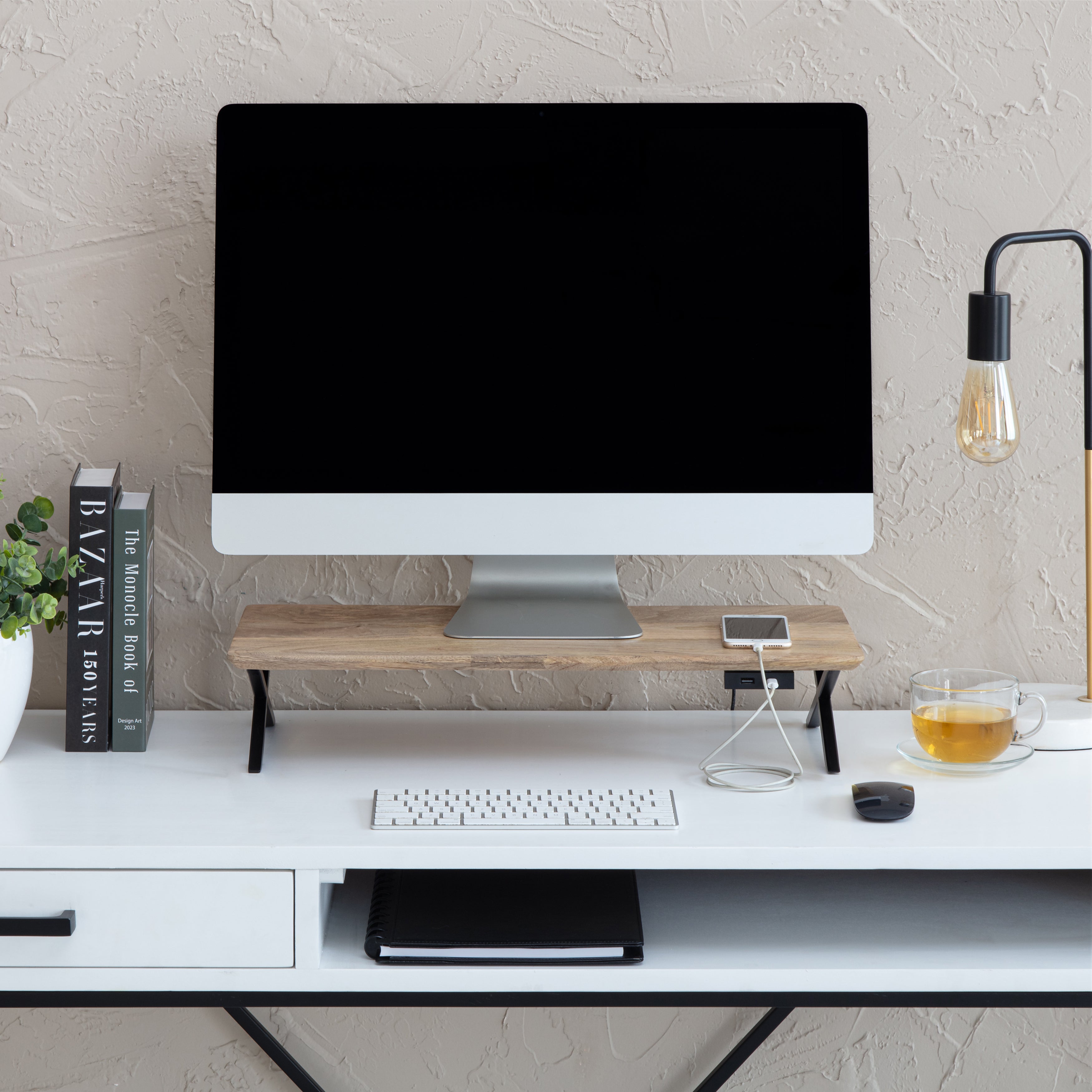 Kupka Natural Mango Wooden Monitor Stand With Metal Legs USB Ports ...