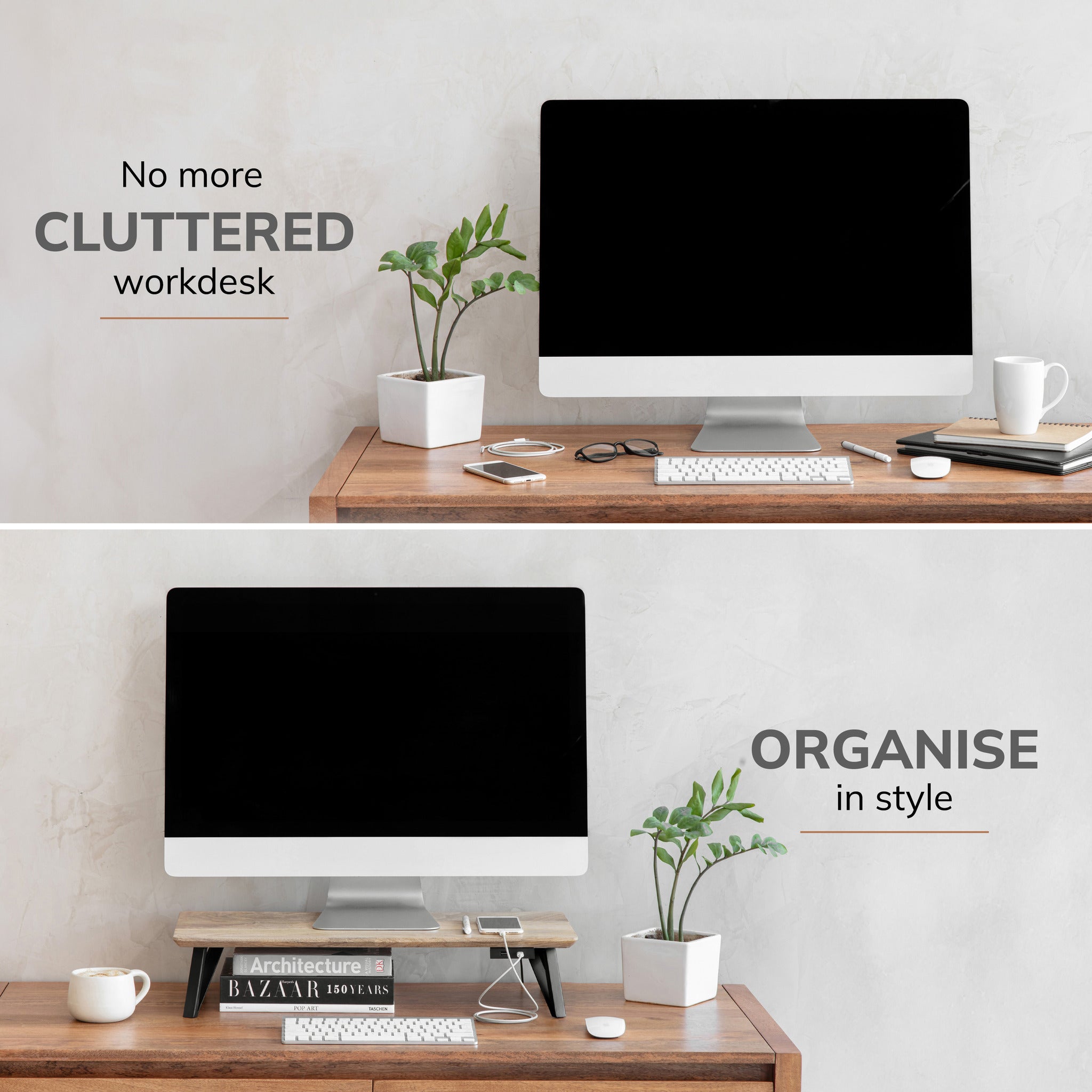 Belluci Natural Mango Wooden Monitor Stand With Metal Legs USB Ports ...