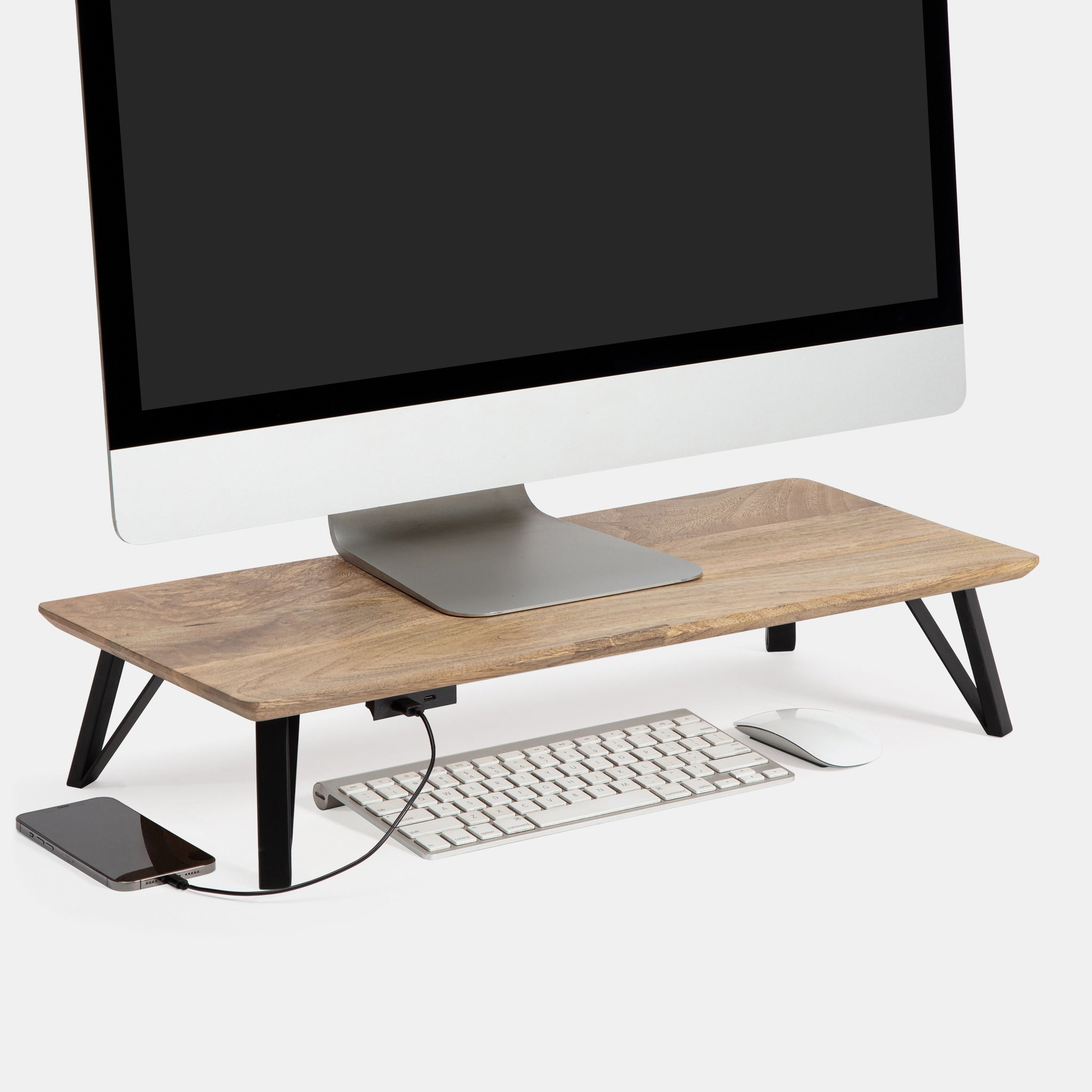 Belluci Natural Mango Wooden Monitor Stand With Metal Legs USB Ports ...