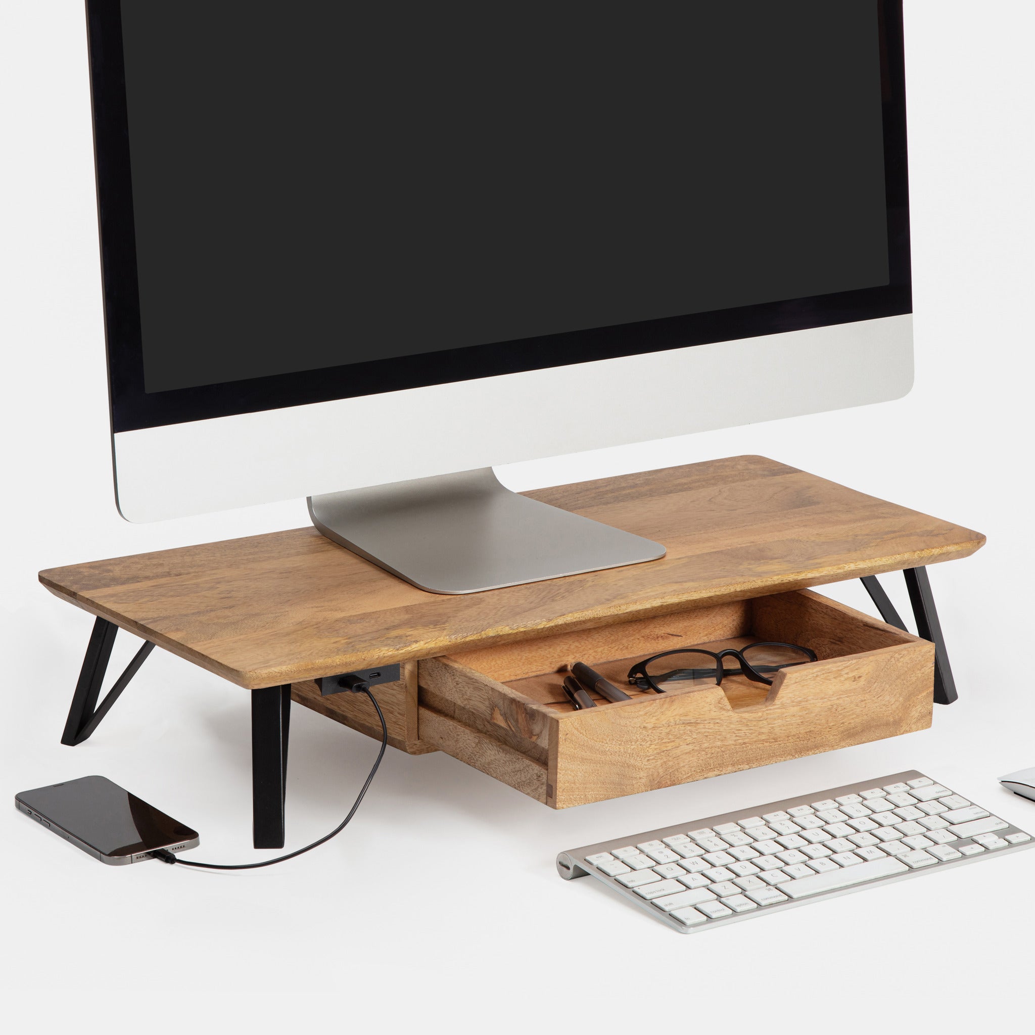 Belluci Natural Mango Wooden Monitor Stand Metal Legs Drawer USB Ports ...