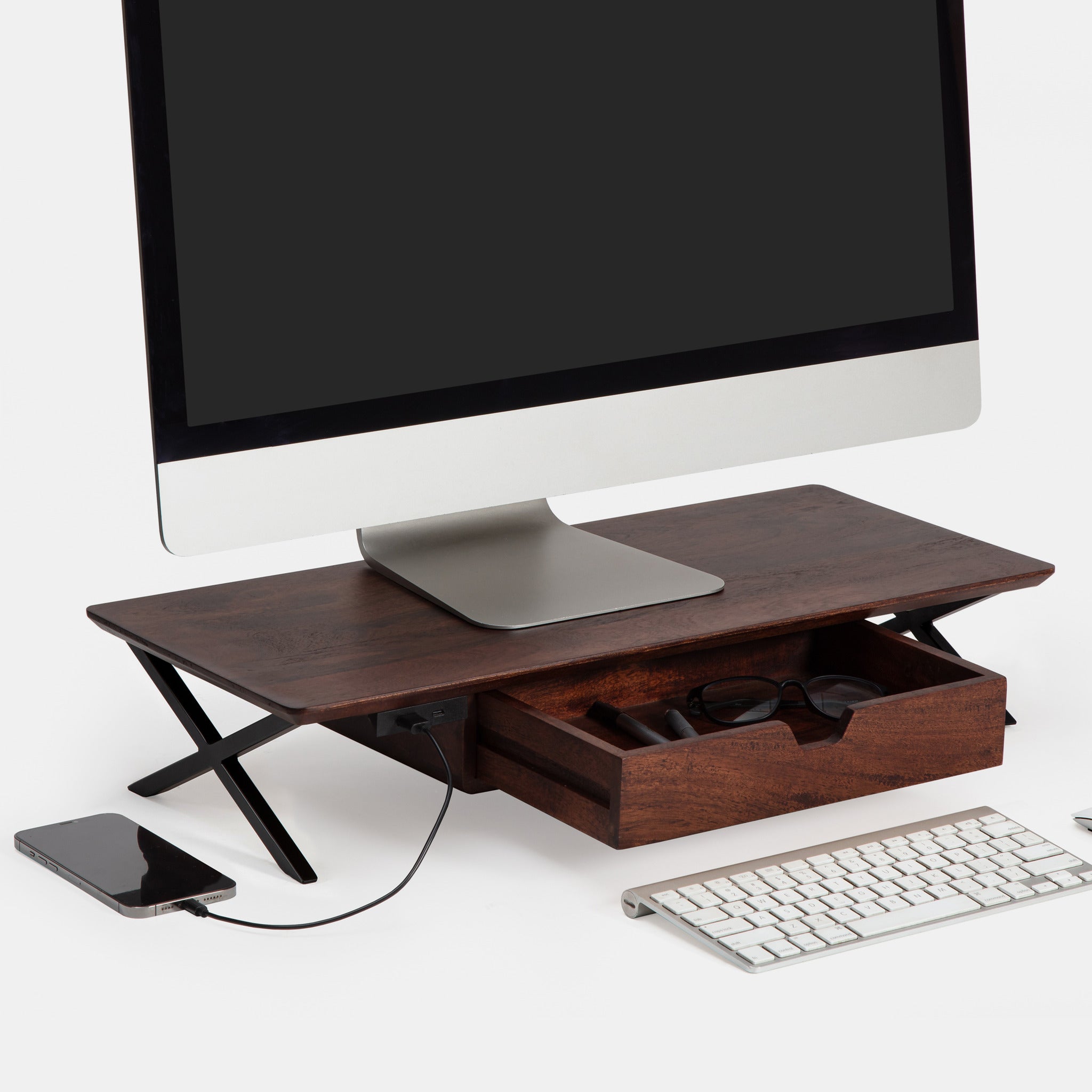 Piet Walnut Brown Wooden Monitor Stand Metal Legs Drawer USB Ports ...