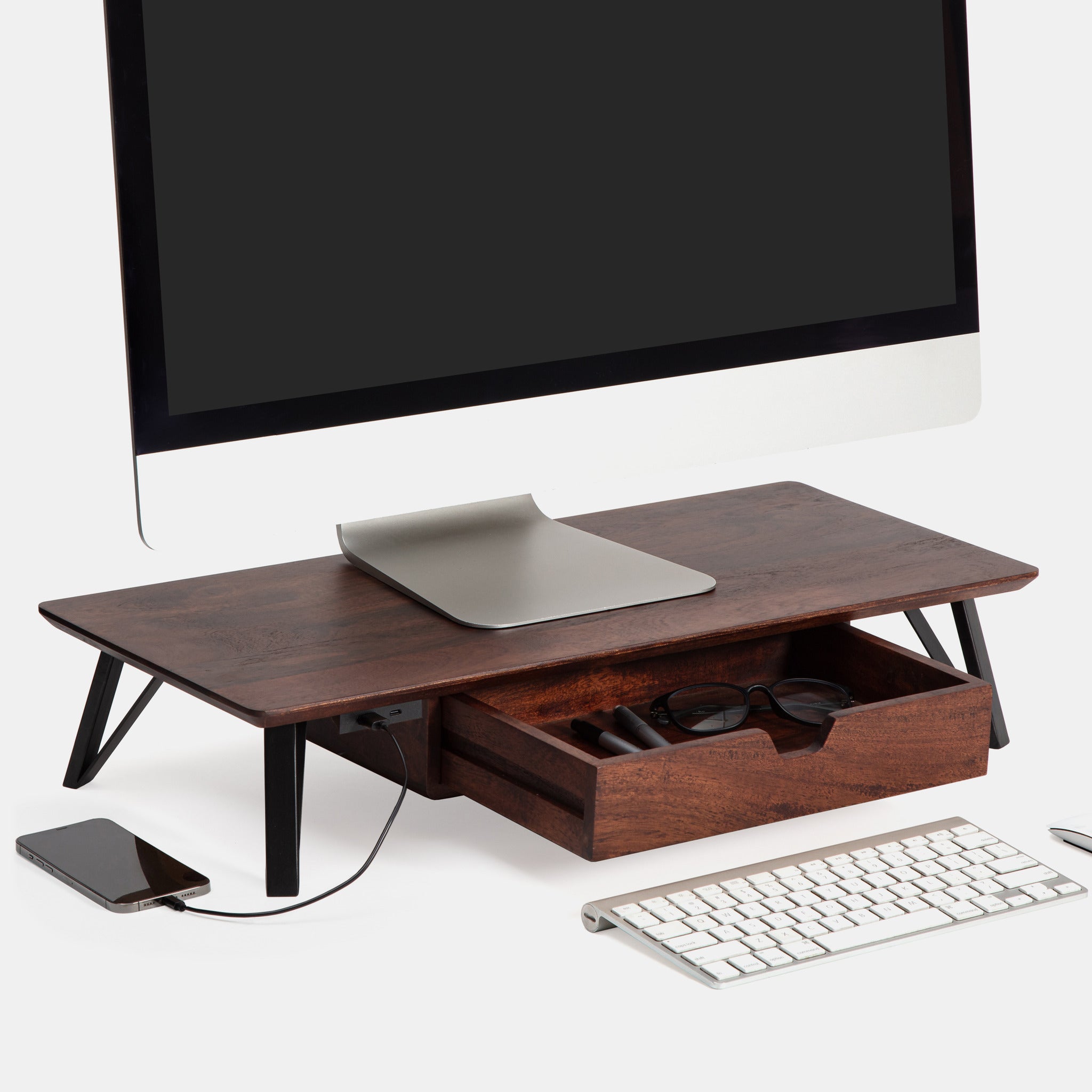 Breton Walnut Wooden Monitor Stand With Metal Legs Drawer USB Ports ...
