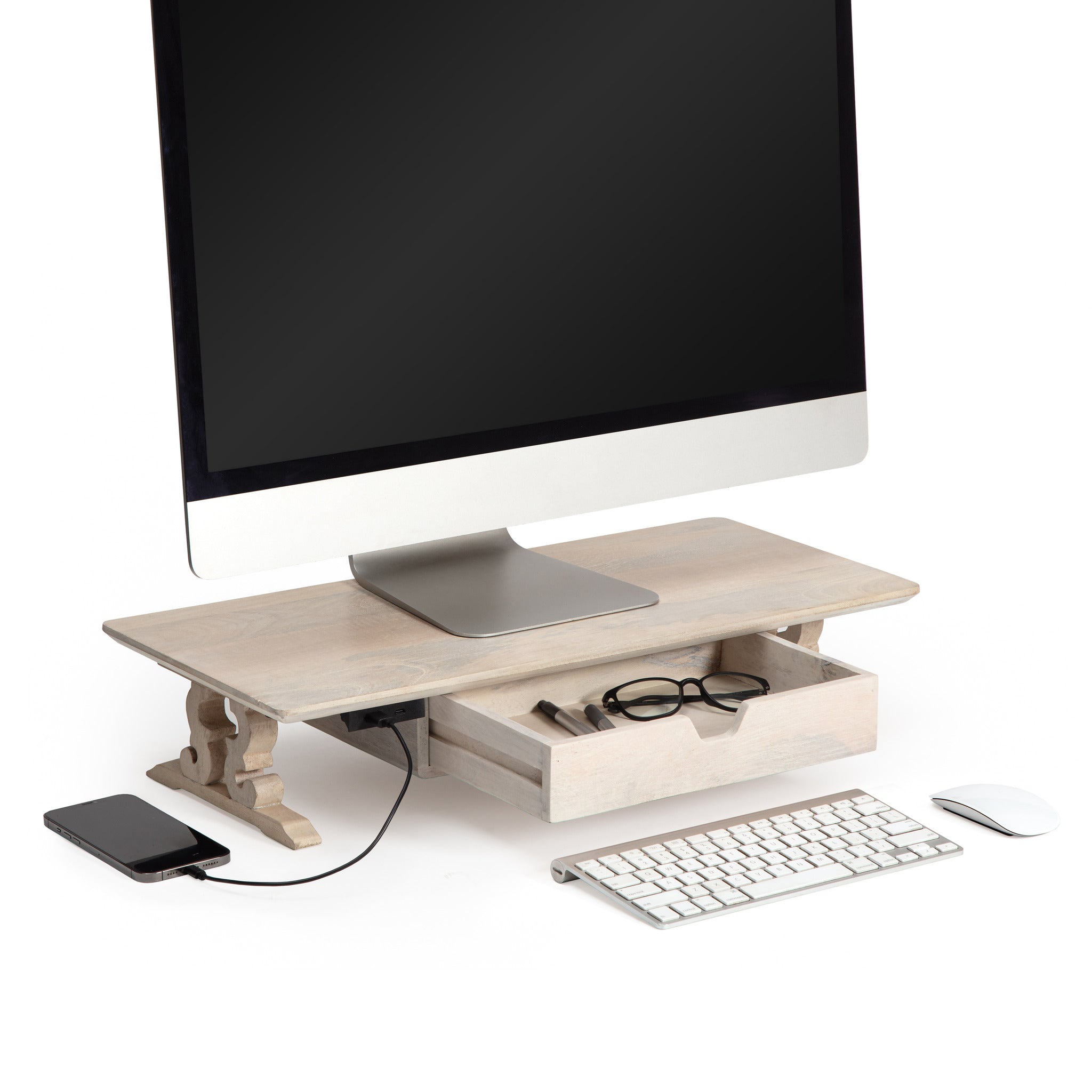 Colville White Wash Wood Monitor Stand Scroll Legs Drawer USB Ports ...