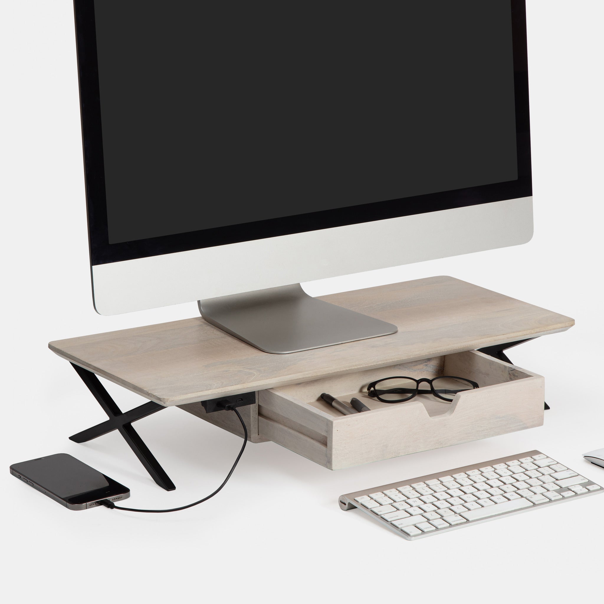 Nabis Whitewash Wooden Monitor Stand With Metal Legs Drawer USB Ports ...