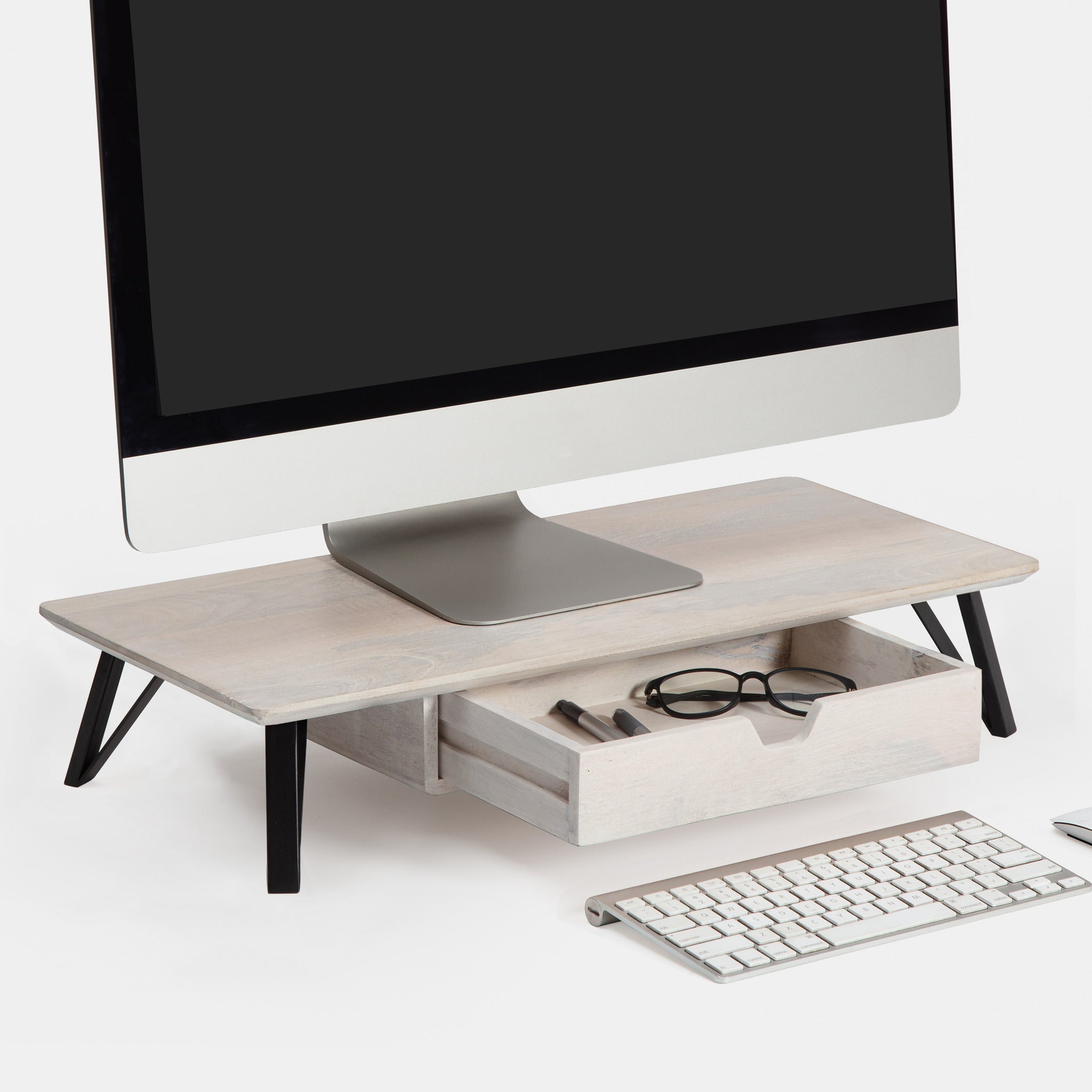 Giacometti Whitewash Wood Monitor Stand Metal Legs Drawer USB Ports ...