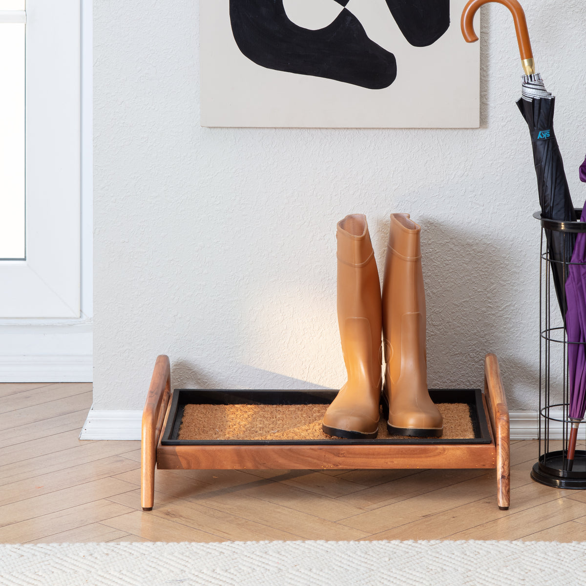 Anji Mountain Wooden Boot Tray Single Tier Smoked Oak Tan Coir