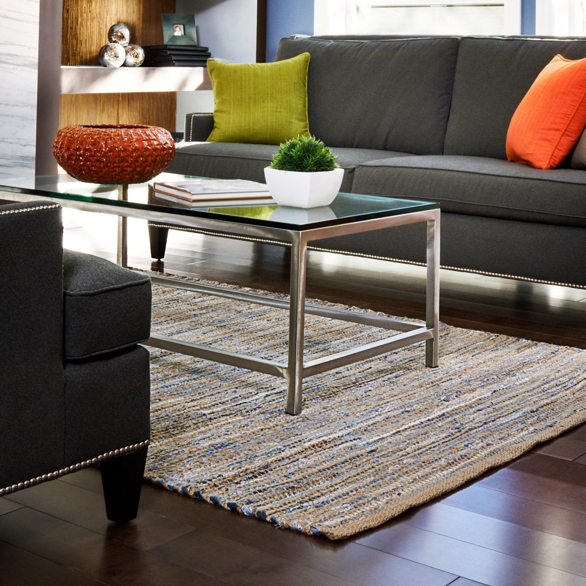 American Graffiti Tan Blue Upcycled Denim Jute Area Rug – Anji Mountain