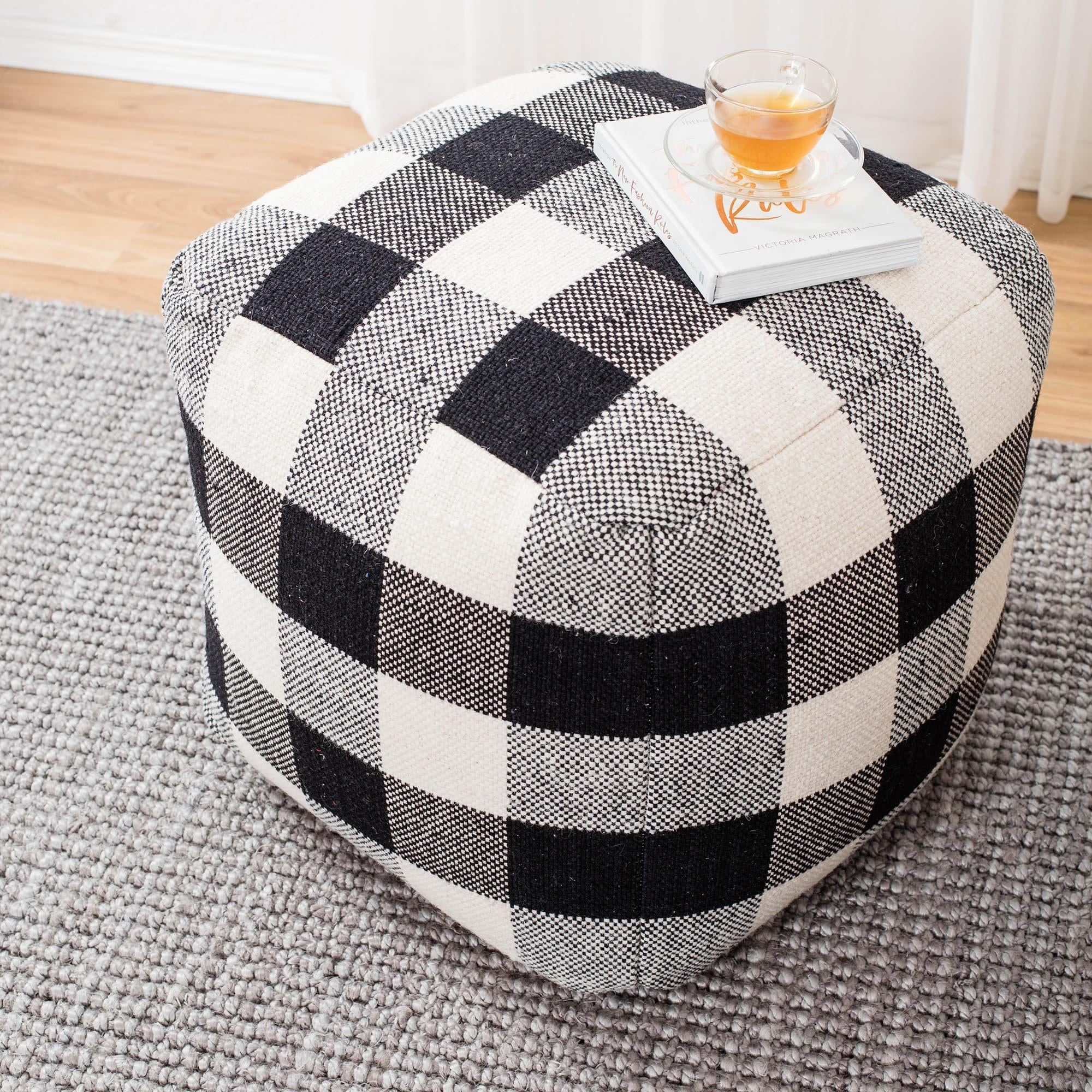 Checkered Sky Ivory Black Wool Pouf – Anji Mountain